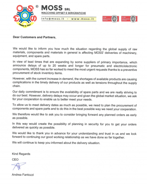 SHORTAGE IN SUPPLY CHAIN | MOSS